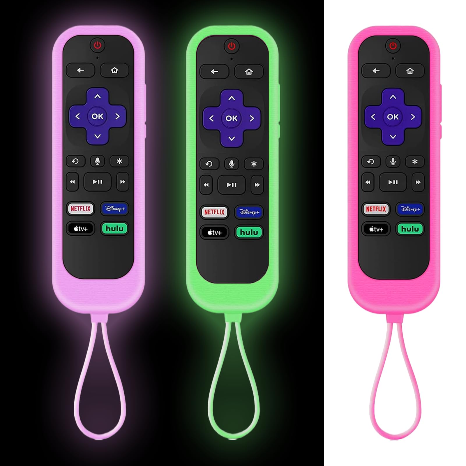 3Pack Silicone Protective Controller Sleeve for Roku | onn Roku TV Remote Cover | TCL Roku Remote Case Universal for Roku Express 4K+ 2021 | Hisense Roku (Glow Purple&Glow Green&Rose Red)