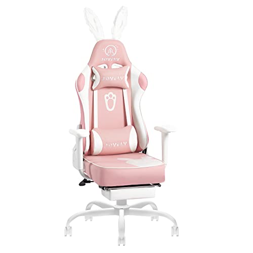 JOYFLY Pink Gaming Chair, Gamer Chair with Footrest for Girls Ergonomic Racing Style Computer PC Office Chair with Bunny Ears for Adults Teens, Headrest and Lumbar Support, 350lbs, Gift, Pink