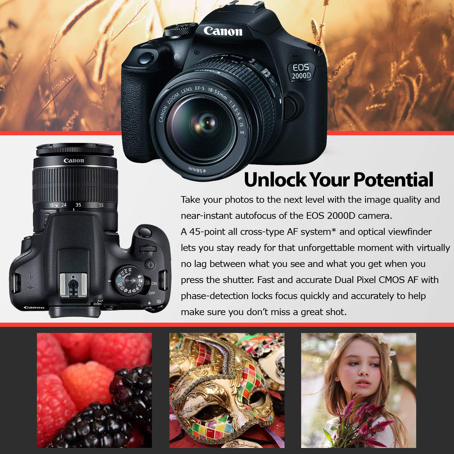 Canon Rebel T7 DSLR Camera (2000D) with EF-S 18-55 mm f/3.5-5.6 Lens + 32GB Memory Card + Camera Bag + Cleaning Kit + Table Tripod + Filters (Renewed)