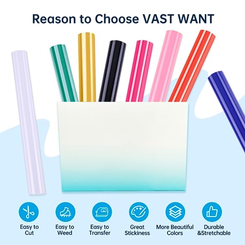 VAST WANT HTV Vinyl Bundle Heat Transfer Vinyl-8 Pack 12" x 5FT HTV Vinyl, Iron on Vinyl for All Cutter Machine, HTV Vinyl Rolls Easy to Cut & Weed