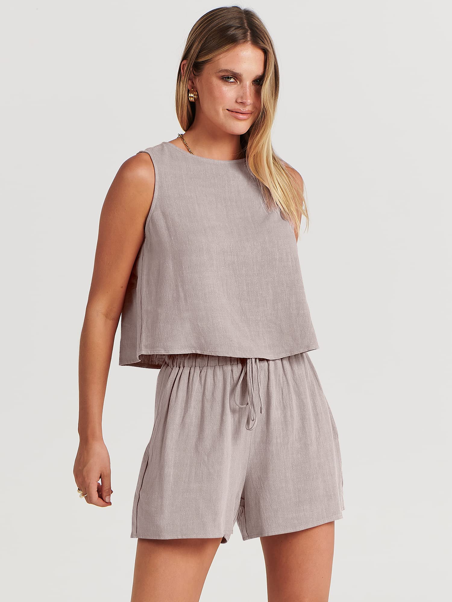 ANRABESS Women 2 Two Piece Outfits Lounge Matching Sets Linen Shorts Boho Aesthetic Clothes Sleeveless Tops 2023 Summer Outfits Vacation Beach 806yinhui-M, Light Grey