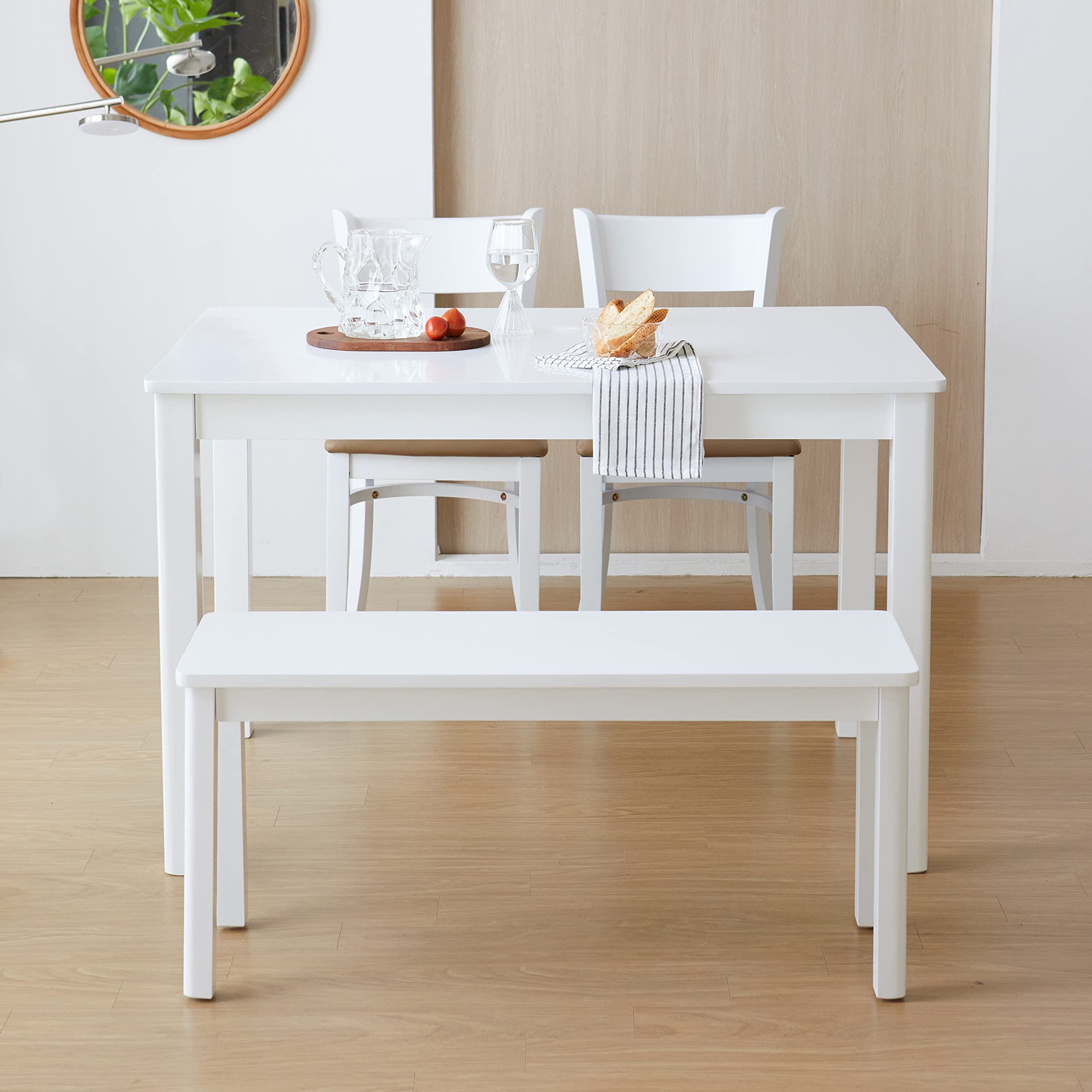 Livinia Cabin 37.4" Wooden Dining Bench/Small Modern Farmhouse Malaysian Oak Wood Bench (White)