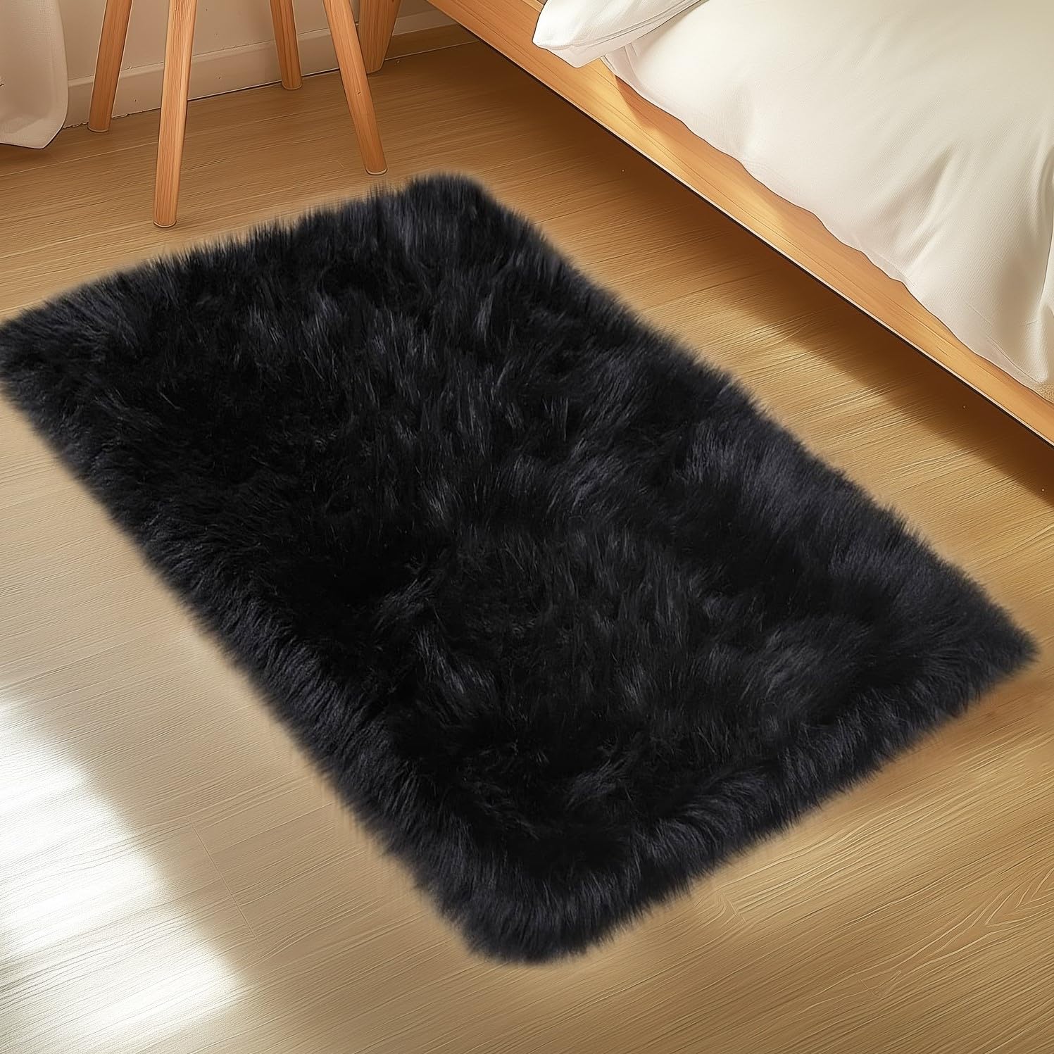 ORINOVA Black Faux Sheepskin Washable Fluffy Fur Area Rugs for Bedroom Small Fuzzy Carpet for Living Room 2x3 Boho Nursery Rug