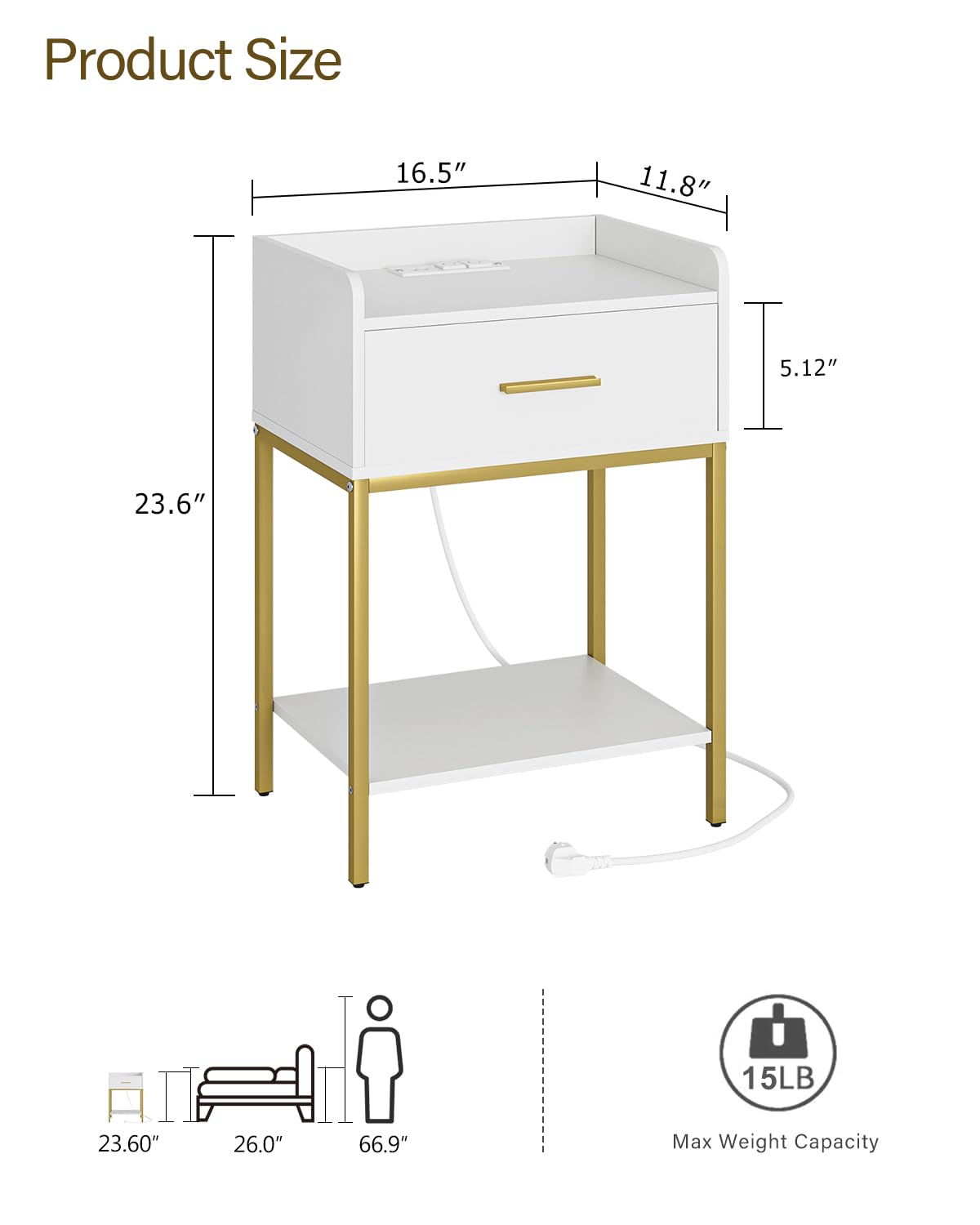 Masupu Nightstand with Charging Station,3-Tier Modern Bedside Night Stand with Storage Drawer and Shelf,Small End Side Table for Bedroom,Living Room,White