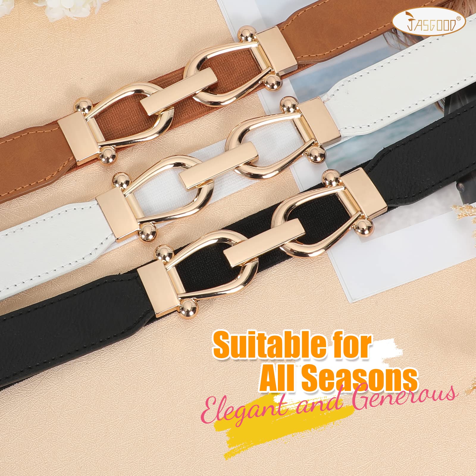 JASGOOD 3 Pack Women Stretchy Waist Belt Retro Elastic Skinny Belt for Ladies with Gold Buckle