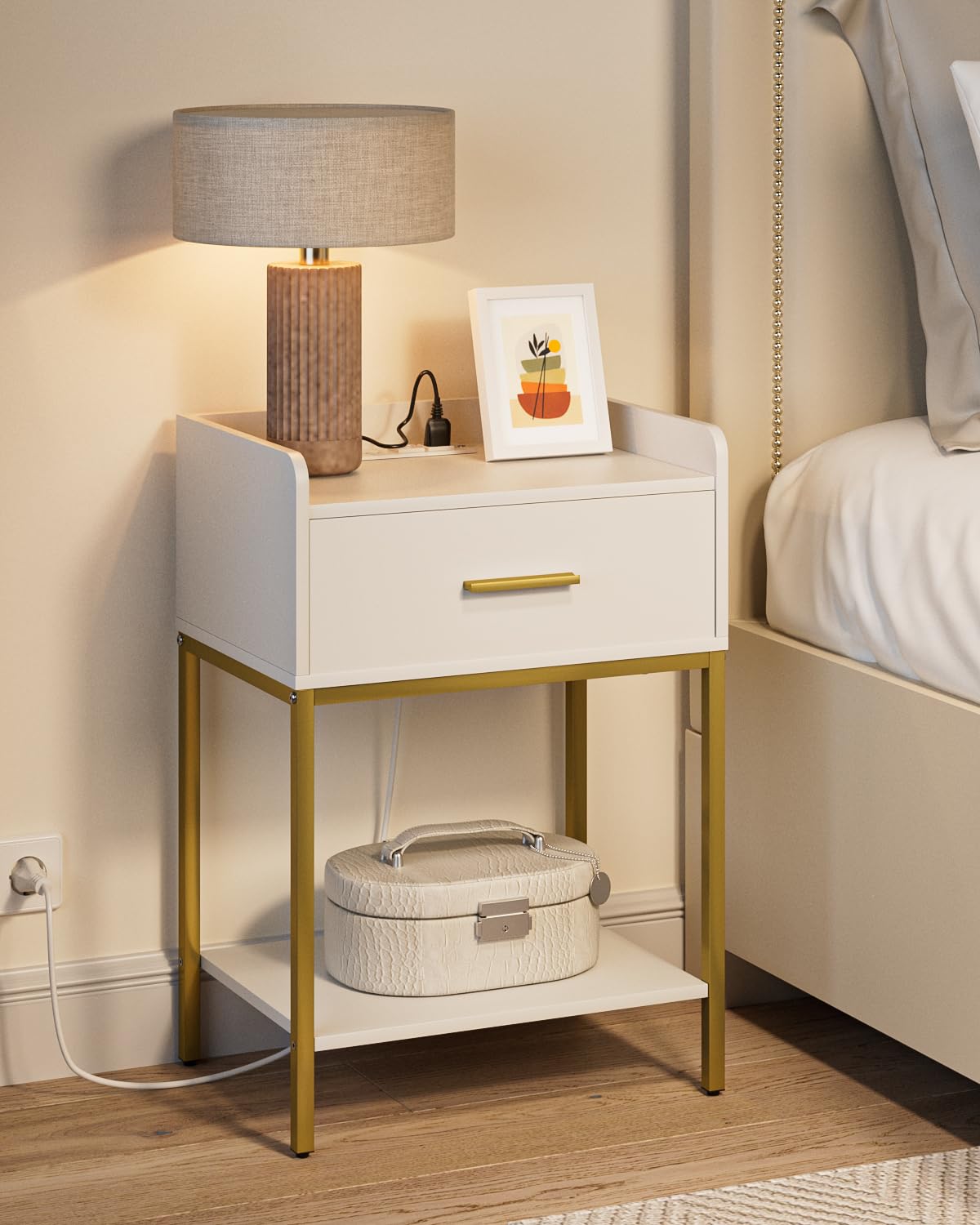 Masupu Nightstand with Charging Station,3-Tier Modern Bedside Night Stand with Storage Drawer and Shelf,Small End Side Table for Bedroom,Living Room,White
