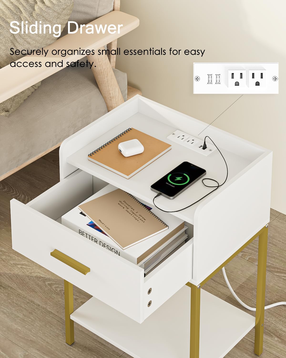 Masupu Nightstand with Charging Station,3-Tier Modern Bedside Night Stand with Storage Drawer and Shelf,Small End Side Table for Bedroom,Living Room,White