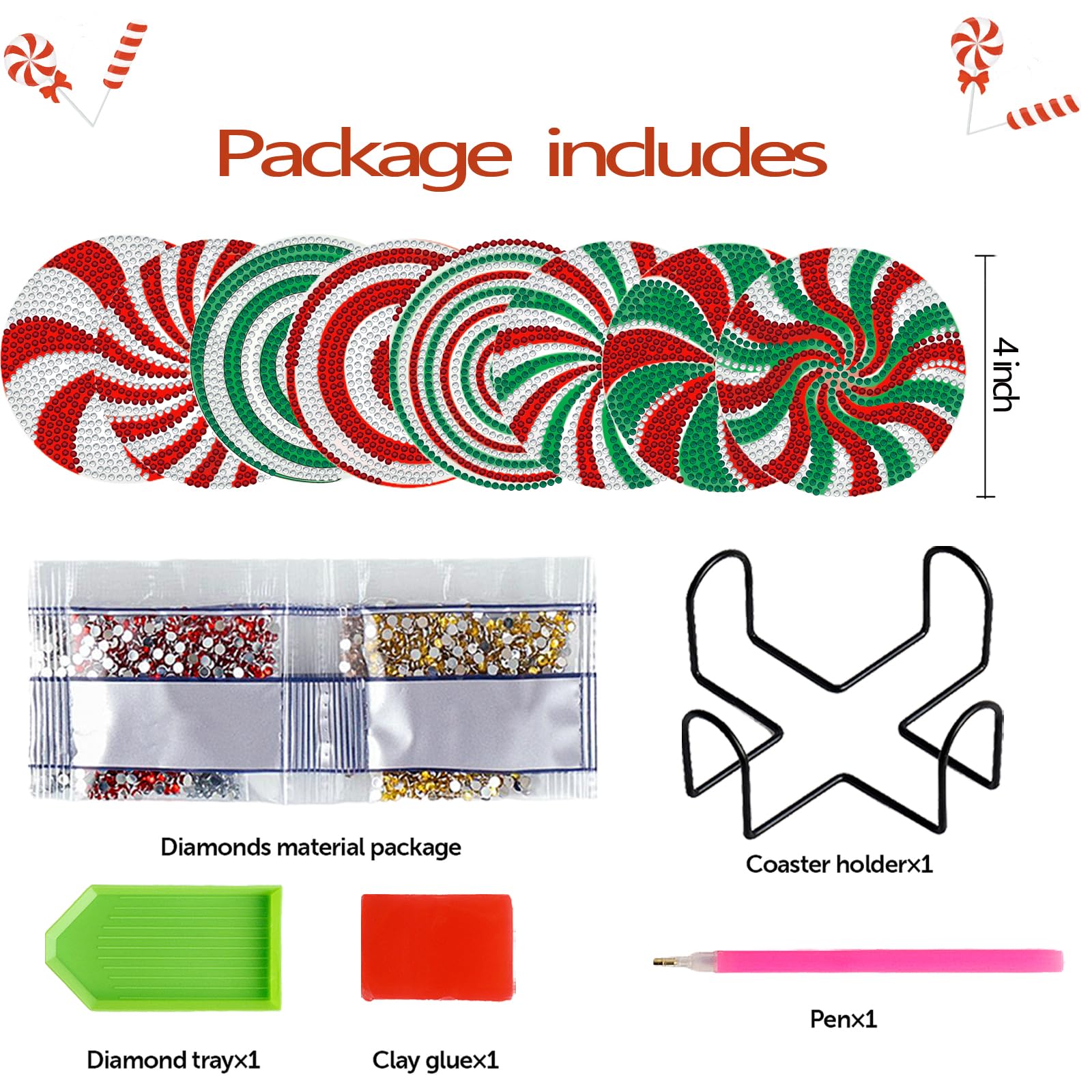 8 Pieces Christmas Candy Diamond Coasters with Holder 5D DIY Christmas Candy Diamond Art Coasters for Drinks Diamond Arts Kits for Christmas Holiday Gift