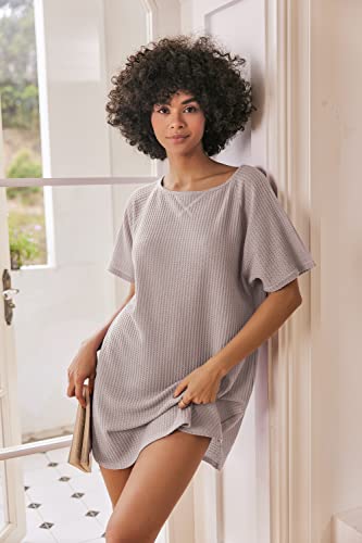 Ekouaer Women Soft Night Shirts V Neck Waffle Knit Loose Nightgowns Cute Sleepwear Light Curry M