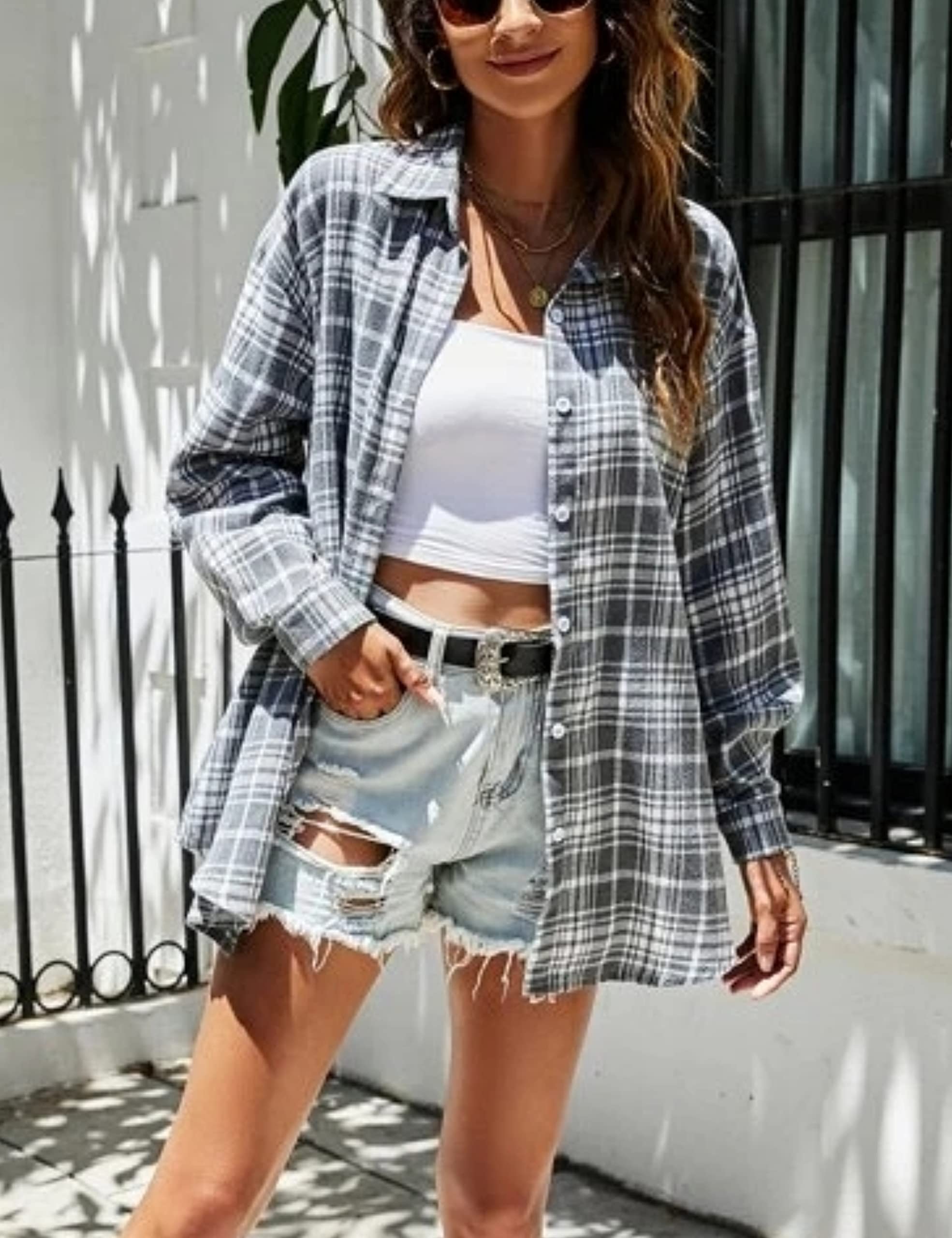 Oulivey Plaid Flannel Shirts for Women Oversized Button Down Long Sleeve Buffalo Shirts Blouse Tops(0003-Grey-M)