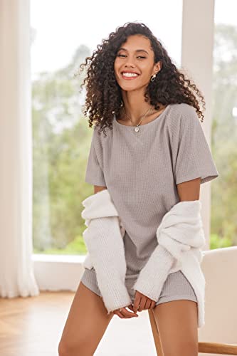 Ekouaer Women Soft Night Shirts V Neck Waffle Knit Loose Nightgowns Cute Sleepwear Light Curry M