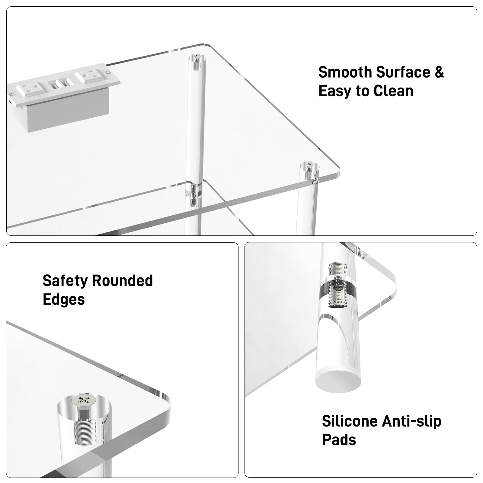 Eglaf Acrylic Side Table with Charging Station - Clear Nightstand End Table with USB Ports and Outlets - Small Bedside Table for Bedroom, Living Room, 15'' L x 11.8'' W x 23.6'' H, 3 Tier