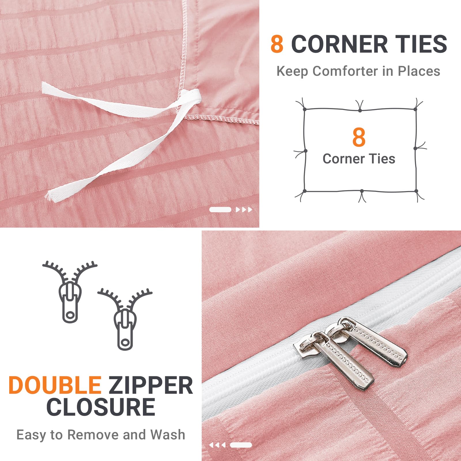 HYMOKEGE Pink Duvet Cover Queen Size, Ultra Soft 3-Piece Seersucker Duvet Cover Set with Zipper Closure, Soft Brushed Microfiber Bedding Set with 8 Corner Ties (90"x90", 2 Pillowshams)
