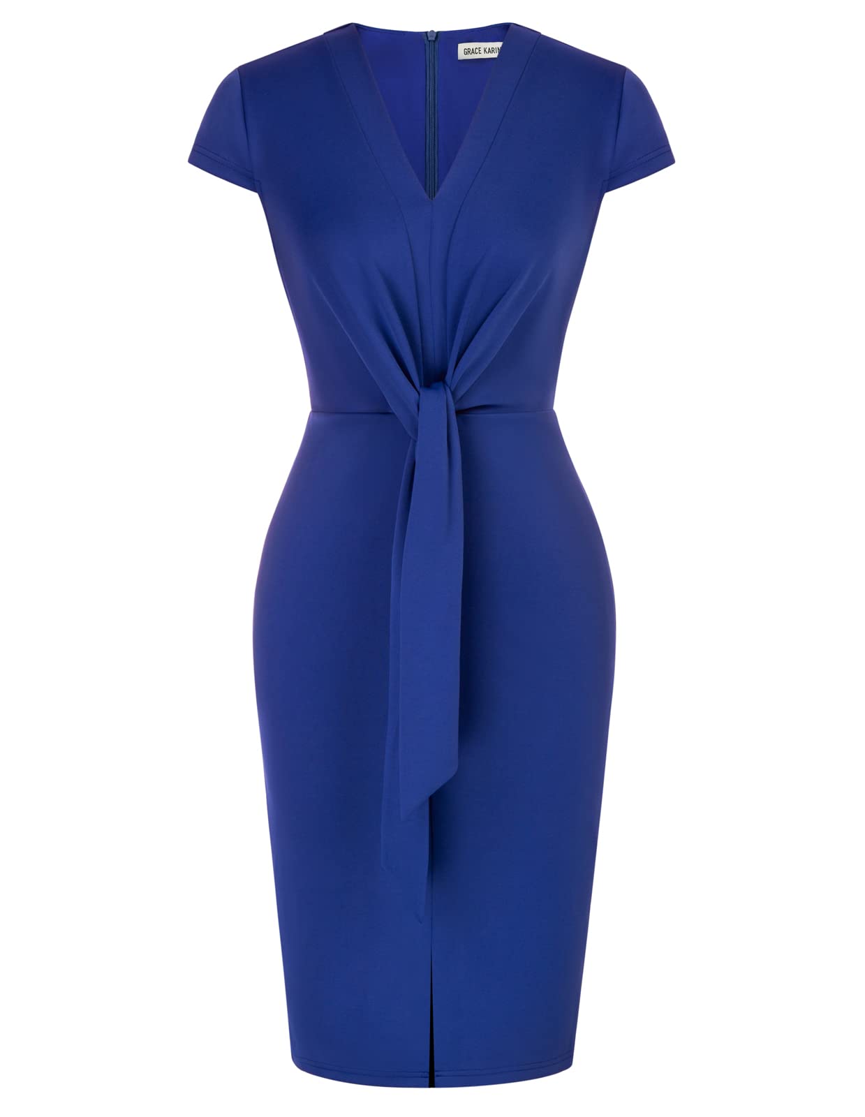 Ladies Midi Summer Dress Short Sleeve Bussiness Casual Outfits for Work Modest V-Neck Interview Outfits Teacher Office Church Royal Blue 2XL