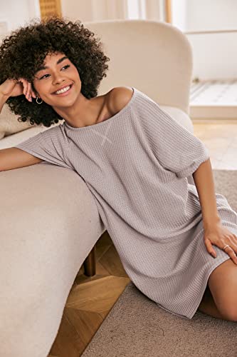 Ekouaer Women Soft Night Shirts V Neck Waffle Knit Loose Nightgowns Cute Sleepwear Light Curry M
