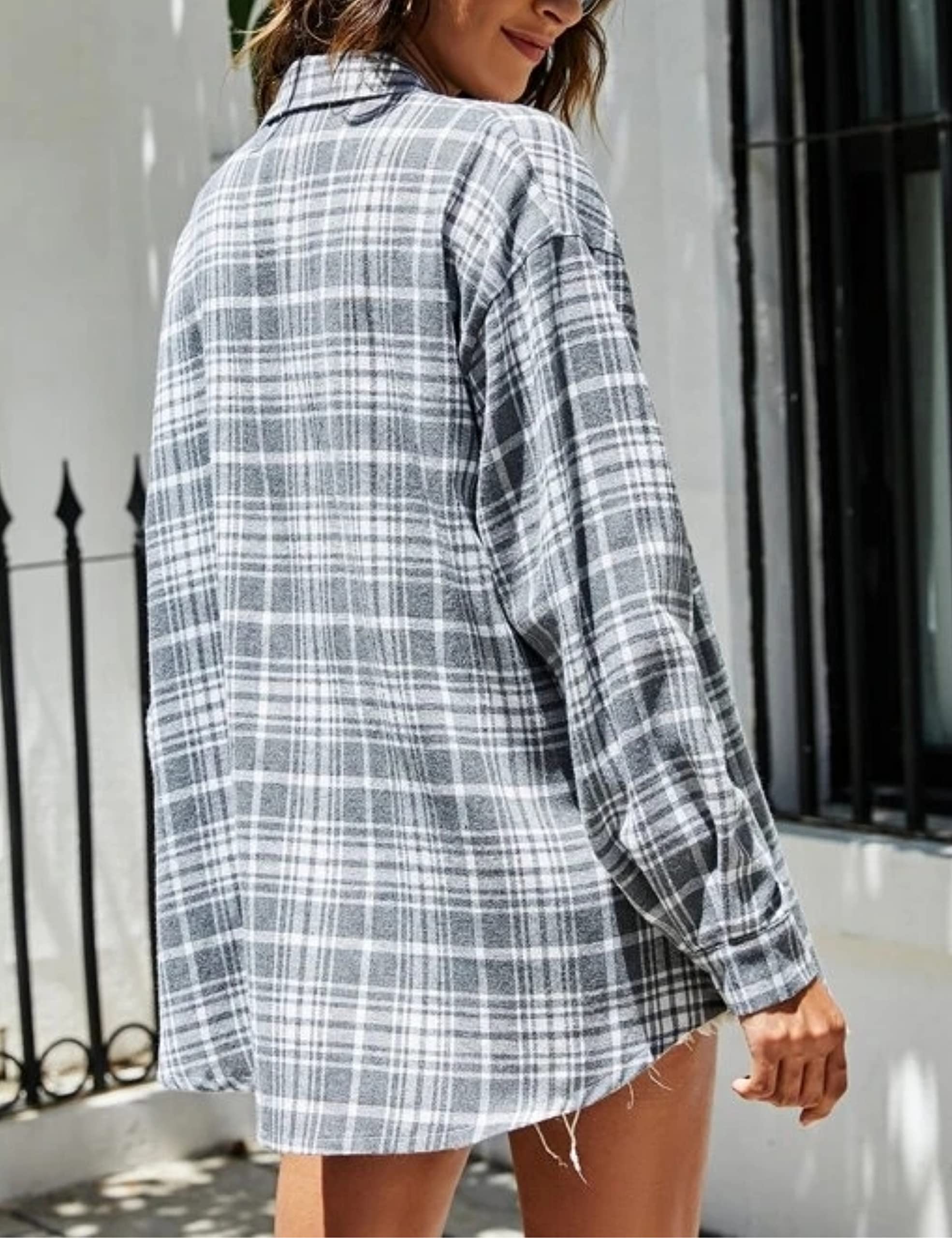 Oulivey Plaid Flannel Shirts for Women Oversized Button Down Long Sleeve Buffalo Shirts Blouse Tops(0003-Grey-M)