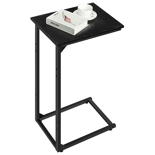 Nandae C Shaped End Table, Rustic Tray Side Table Bedside Table with Metal Frame for Laptop, Snack, Sofa Couch, Bed Living Room Bedroom, Black