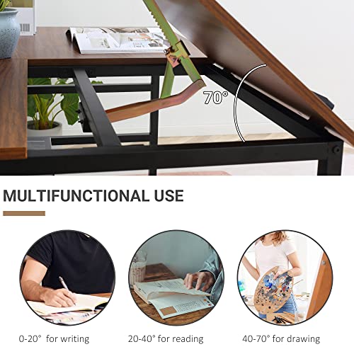 HOMCOM Drafting Table, Adjustable Drawing Desk, Multifunctional Writing Desk with 15-Level Tiltable Tabletop and Storage Shelf for Home Office, Walnut