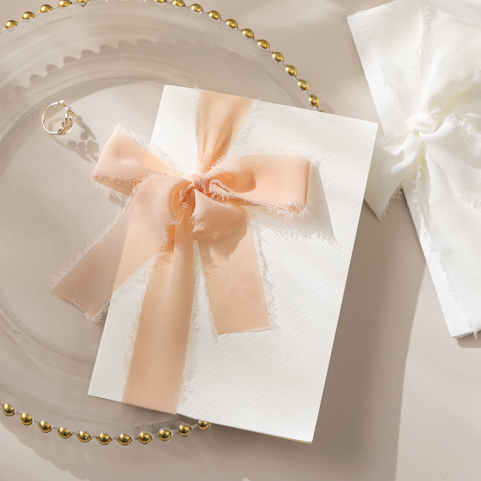joybest Handmade Chiffon Ribbons for Gift Wrapping, Pink & Cream White Boho Fabric Ribbons for Crafts, Silk Pink Ribbons for Wedding Invitation, Bridal Bouquets, DIY Crafts, Party Decor 1.5ββ x 7Yd