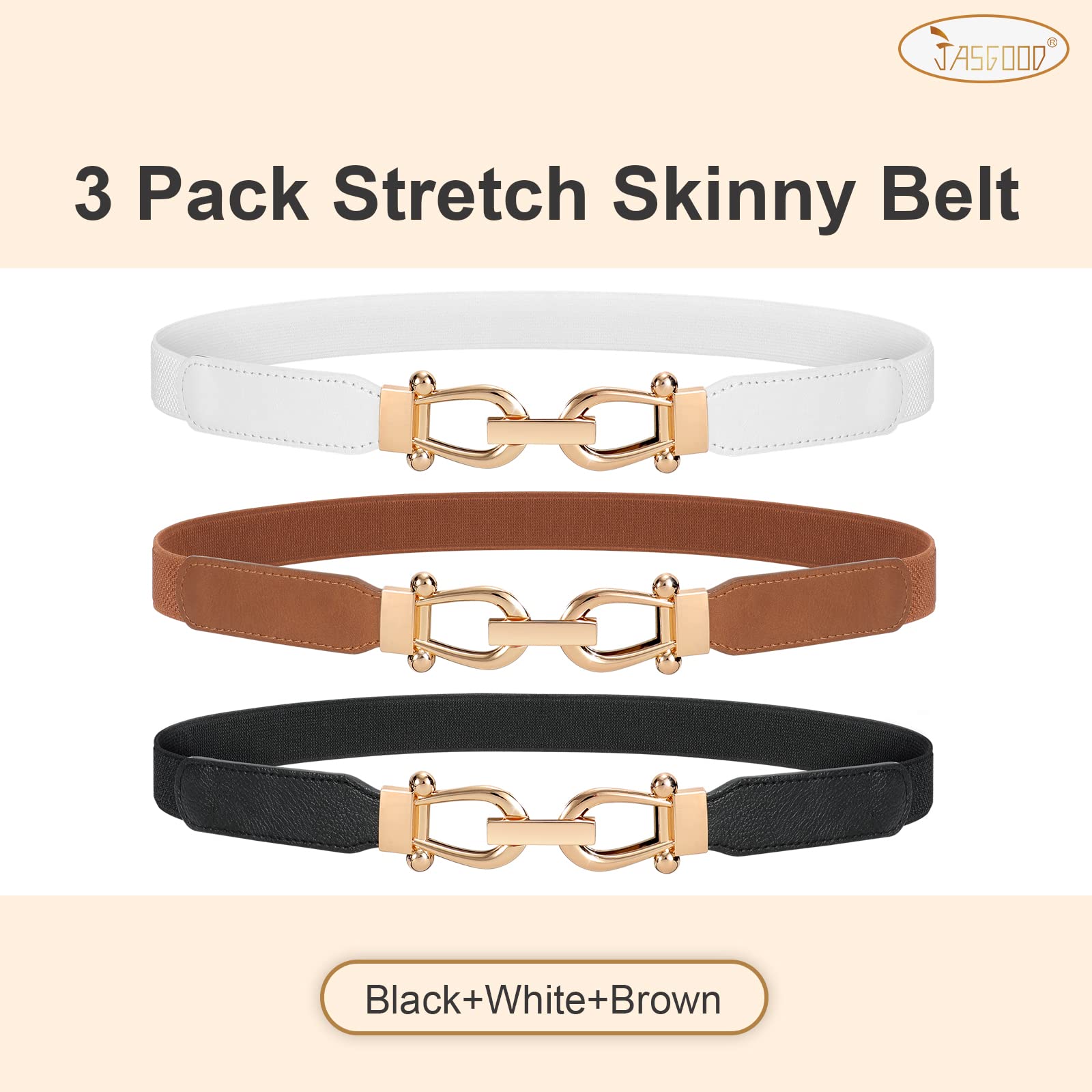 JASGOOD 3 Pack Women Stretchy Waist Belt Retro Elastic Skinny Belt for Ladies with Gold Buckle