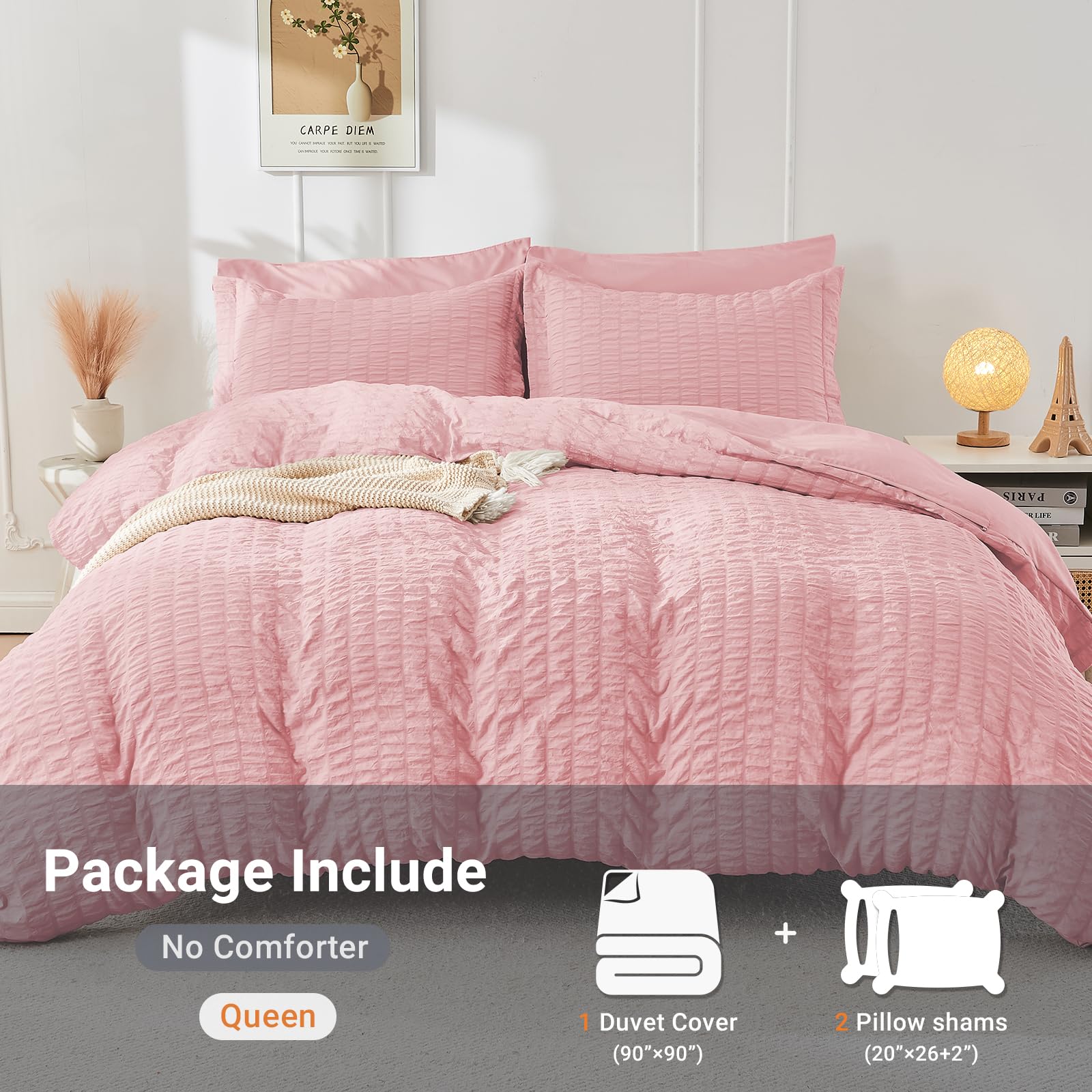 HYMOKEGE Pink Duvet Cover Queen Size, Ultra Soft 3-Piece Seersucker Duvet Cover Set with Zipper Closure, Soft Brushed Microfiber Bedding Set with 8 Corner Ties (90"x90", 2 Pillowshams)