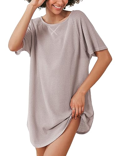 Ekouaer Women Soft Night Shirts V Neck Waffle Knit Loose Nightgowns Cute Sleepwear Light Curry M