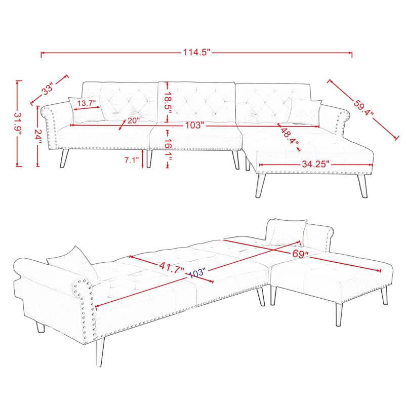 ERYE Button Tufted Sectional 2 Pillows and Reversible Chaise Lounge, L-Shaped Nailhead Decor Corner Sofá Convertible Sleeper Bed for Living Room Furniture Sets, Sofa & Couch, Red