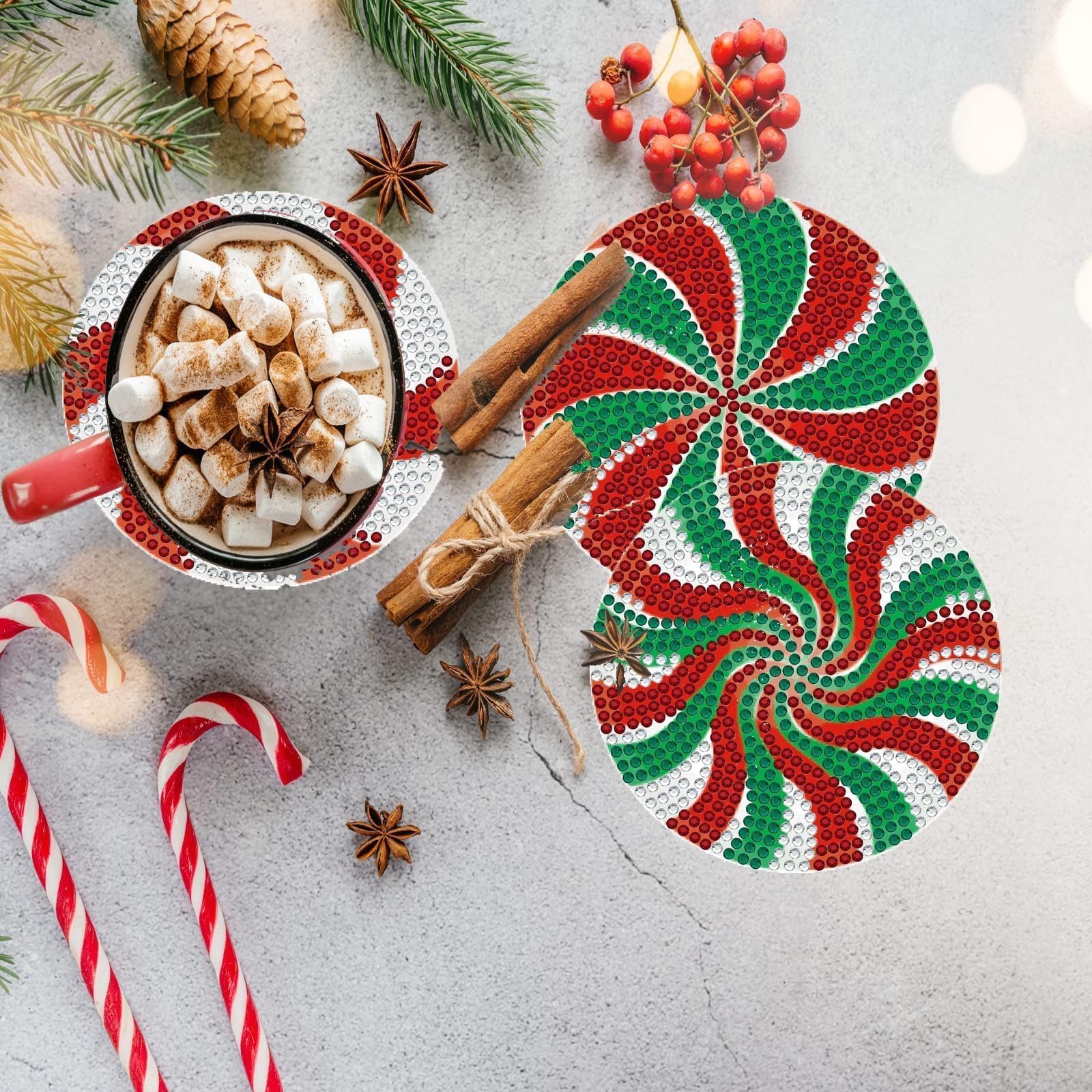 8 Pieces Christmas Candy Diamond Coasters with Holder 5D DIY Christmas Candy Diamond Art Coasters for Drinks Diamond Arts Kits for Christmas Holiday Gift