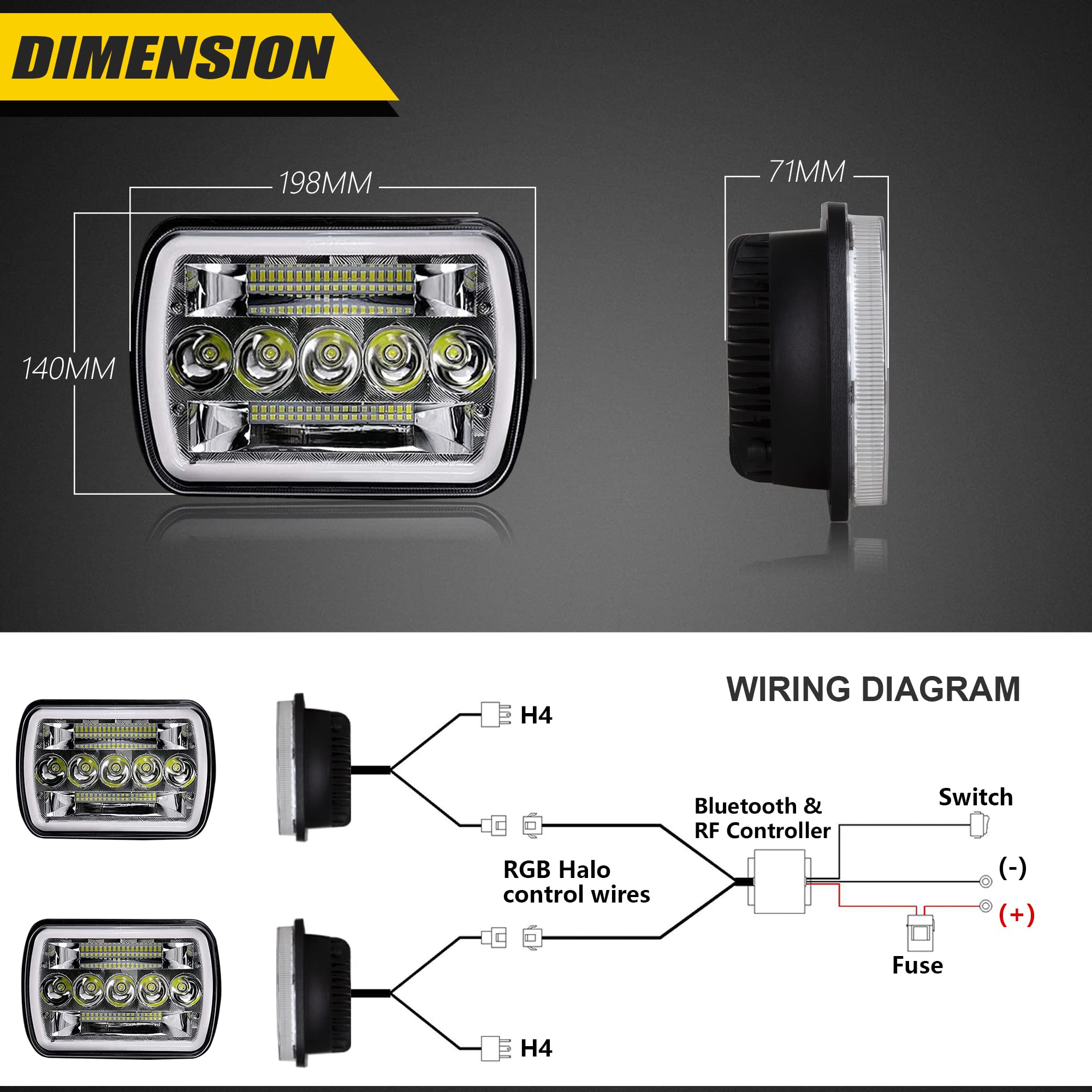 Nicoko H6054 Led Headlights 5x7 7x6 Led Headlamp High/Low Sealed Beam with RGBW Halo Function for Wrangler Cherokee YJ XJ Ford E250 GMC Dodge Truck Van with H4 Plug pack 2
