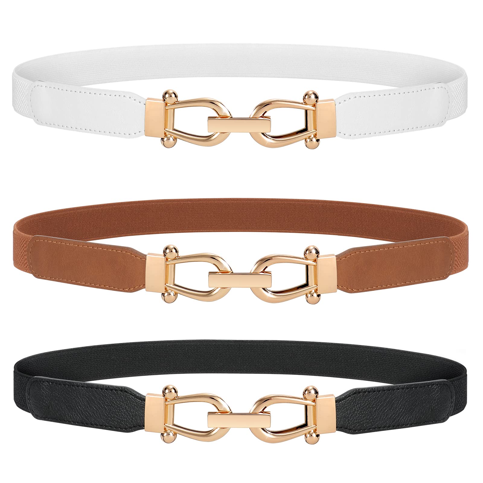 JASGOOD 3 Pack Women Stretchy Waist Belt Retro Elastic Skinny Belt for Ladies with Gold Buckle