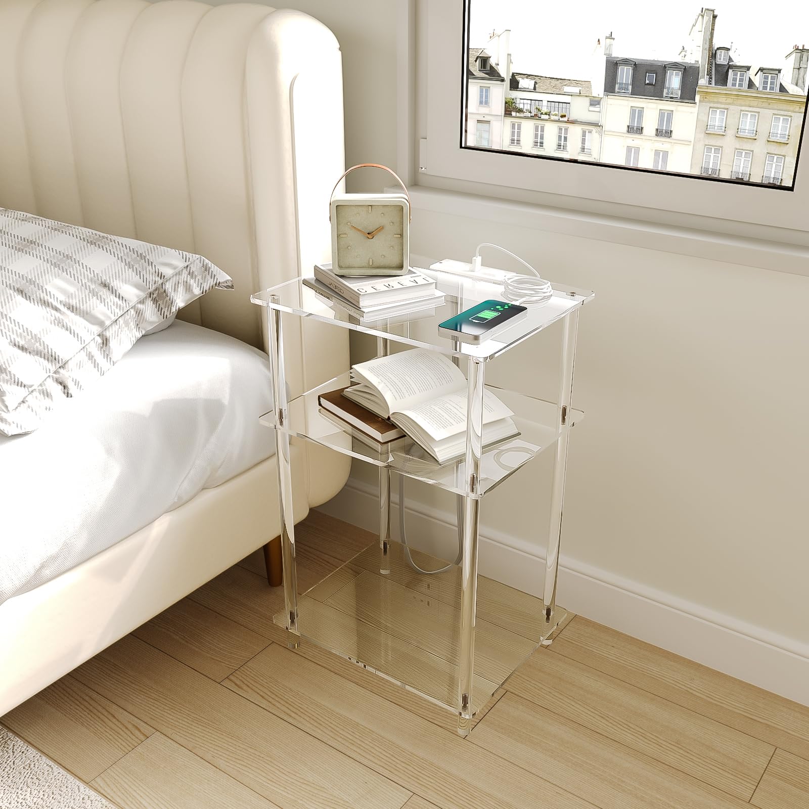Eglaf Acrylic Side Table with Charging Station - Clear Nightstand End Table with USB Ports and Outlets - Small Bedside Table for Bedroom, Living Room, 15'' L x 11.8'' W x 23.6'' H, 3 Tier