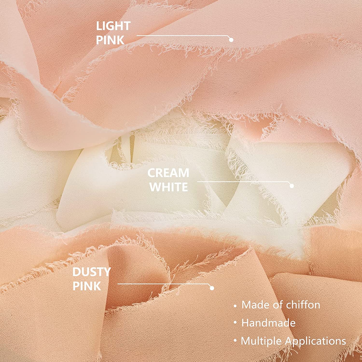 joybest Handmade Chiffon Ribbons for Gift Wrapping, Pink & Cream White Boho Fabric Ribbons for Crafts, Silk Pink Ribbons for Wedding Invitation, Bridal Bouquets, DIY Crafts, Party Decor 1.5ββ x 7Yd