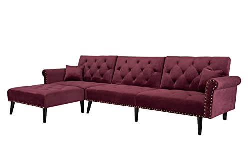 ERYE Button Tufted Sectional 2 Pillows and Reversible Chaise Lounge, L-Shaped Nailhead Decor Corner Sofá Convertible Sleeper Bed for Living Room Furniture Sets, Sofa & Couch, Red