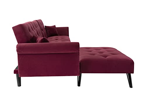 ERYE Button Tufted Sectional 2 Pillows and Reversible Chaise Lounge, L-Shaped Nailhead Decor Corner Sofá Convertible Sleeper Bed for Living Room Furniture Sets, Sofa & Couch, Red