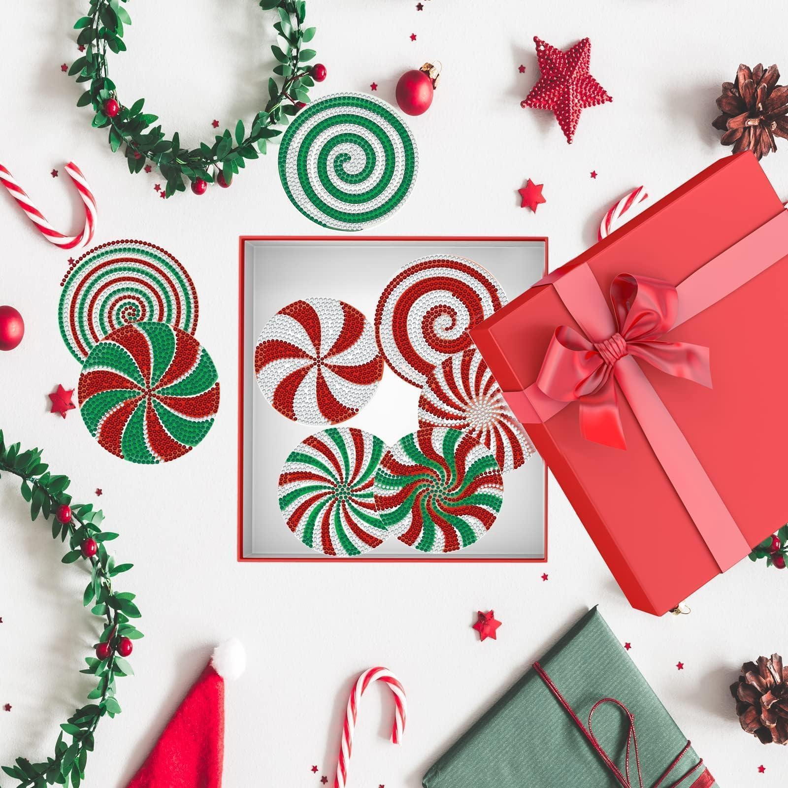 8 Pieces Christmas Candy Diamond Coasters with Holder 5D DIY Christmas Candy Diamond Art Coasters for Drinks Diamond Arts Kits for Christmas Holiday Gift