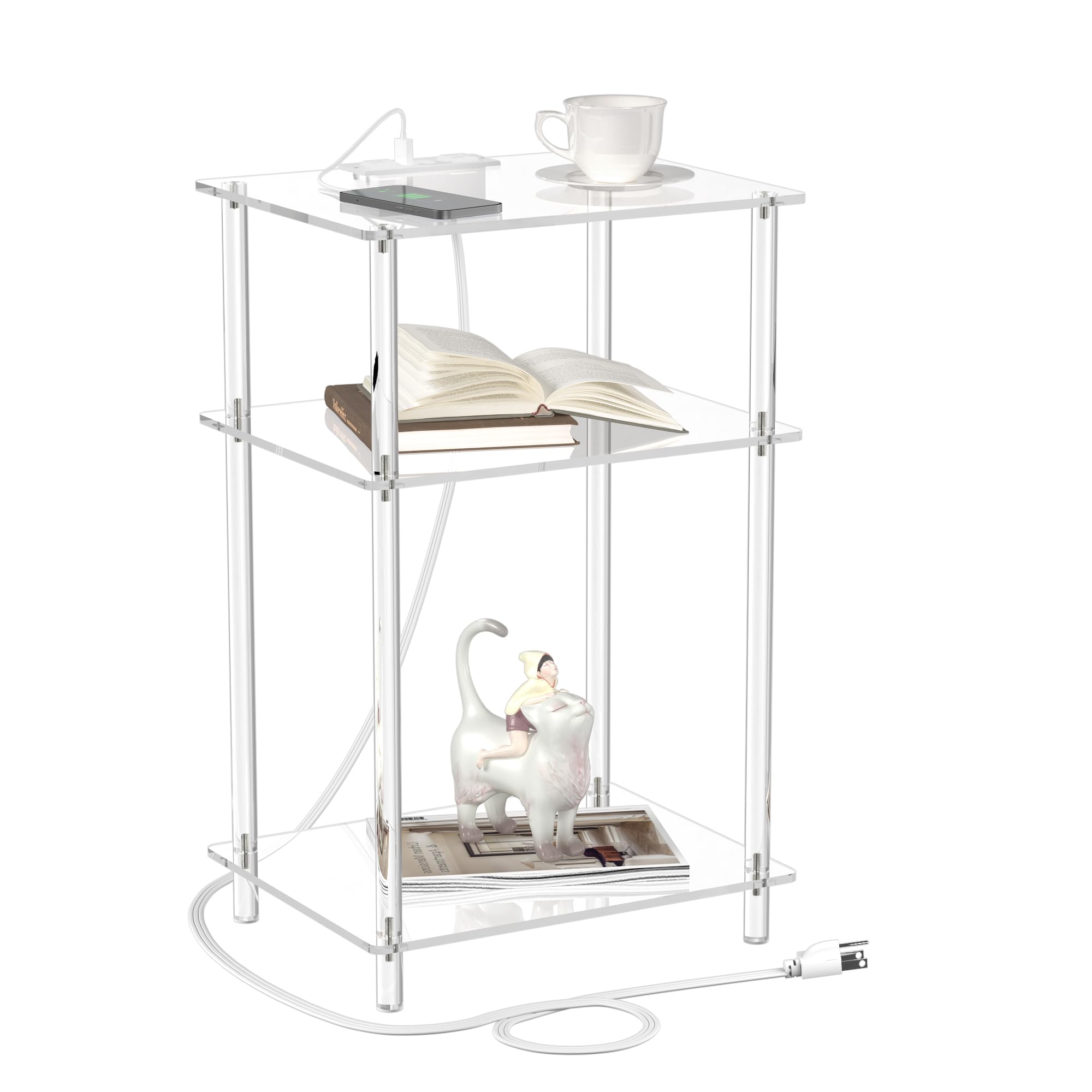 Eglaf Acrylic Side Table with Charging Station - Clear Nightstand End Table with USB Ports and Outlets - Small Bedside Table for Bedroom, Living Room, 15'' L x 11.8'' W x 23.6'' H, 3 Tier