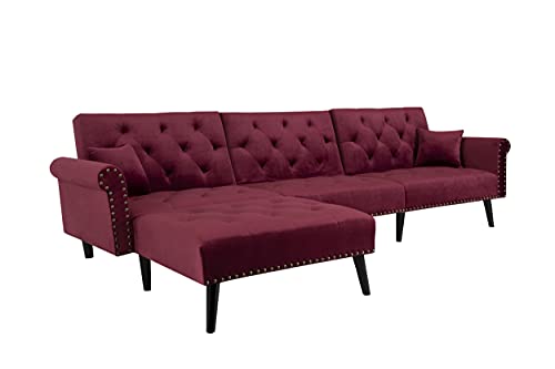 ERYE Button Tufted Sectional 2 Pillows and Reversible Chaise Lounge, L-Shaped Nailhead Decor Corner Sofá Convertible Sleeper Bed for Living Room Furniture Sets, Sofa & Couch, Red