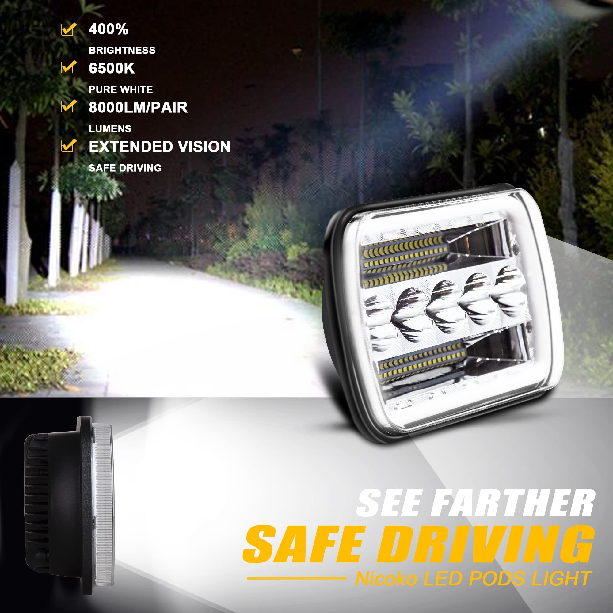 Nicoko H6054 Led Headlights 5x7 7x6 Led Headlamp High/Low Sealed Beam with RGBW Halo Function for Wrangler Cherokee YJ XJ Ford E250 GMC Dodge Truck Van with H4 Plug pack 2