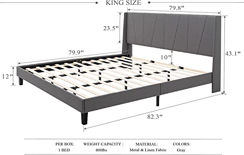 Benevika King Size Platform Bed Frame with Geometric Wingback Headboard, Wooden Slats Support, No Box Spring Needed, Easy Assembly, Gray