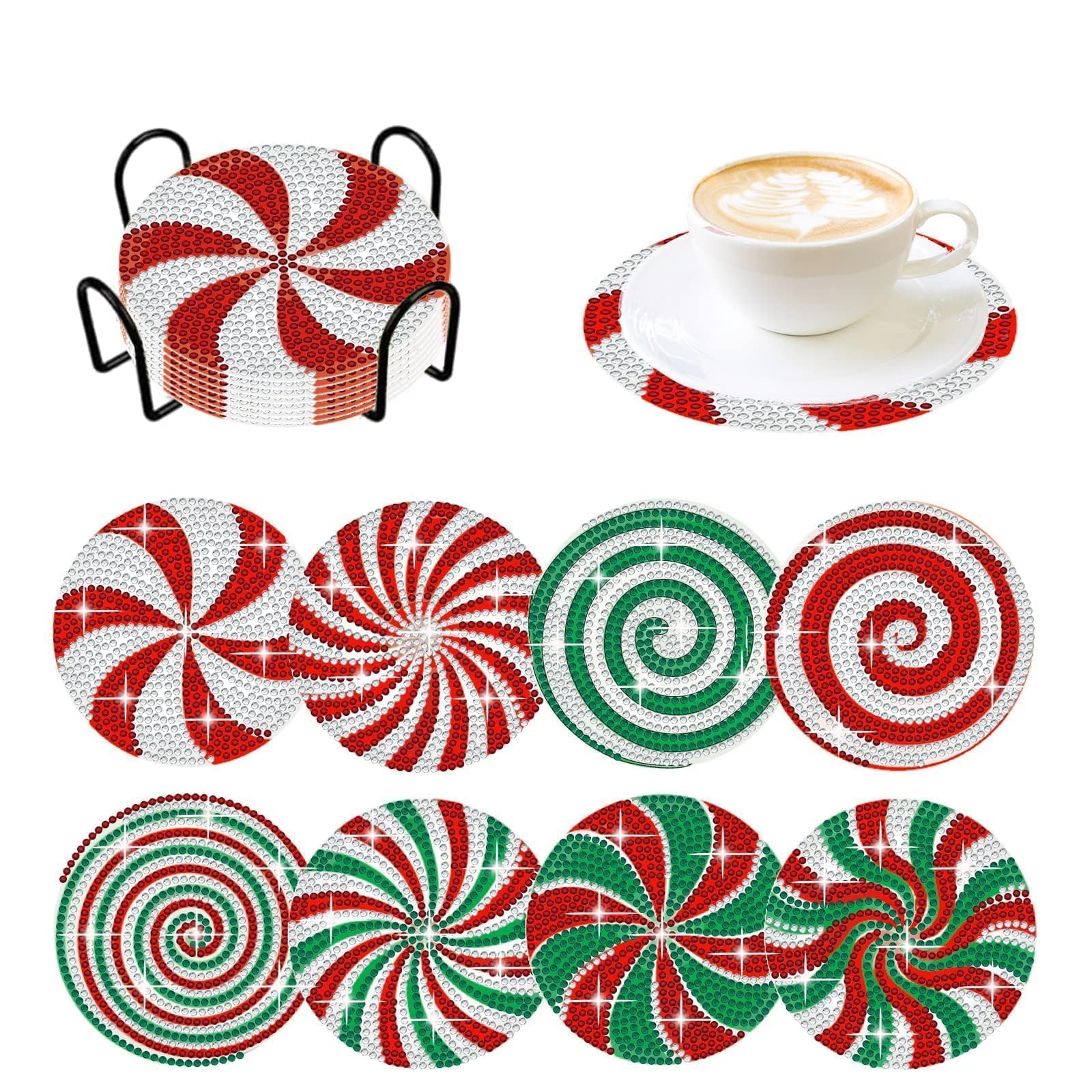 8 Pieces Christmas Candy Diamond Coasters with Holder 5D DIY Christmas Candy Diamond Art Coasters for Drinks Diamond Arts Kits for Christmas Holiday Gift