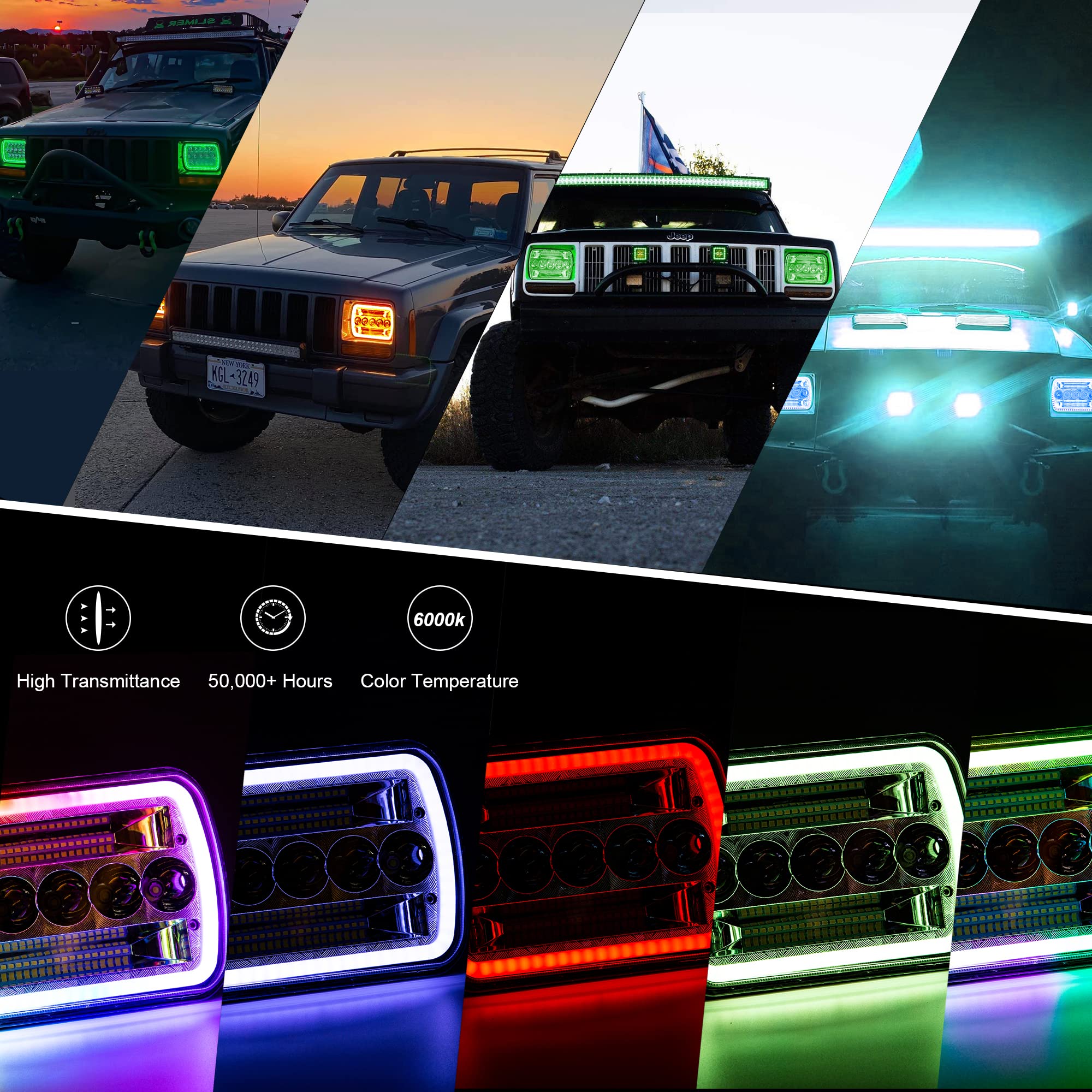 Nicoko H6054 Led Headlights 5x7 7x6 Led Headlamp High/Low Sealed Beam with RGBW Halo Function for Wrangler Cherokee YJ XJ Ford E250 GMC Dodge Truck Van with H4 Plug pack 2