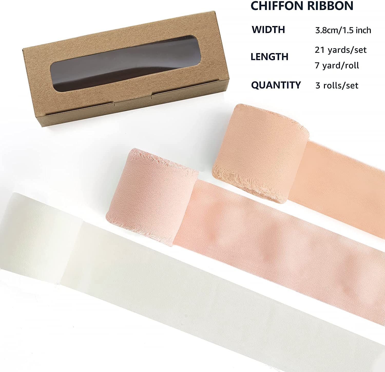 joybest Handmade Chiffon Ribbons for Gift Wrapping, Pink & Cream White Boho Fabric Ribbons for Crafts, Silk Pink Ribbons for Wedding Invitation, Bridal Bouquets, DIY Crafts, Party Decor 1.5ββ x 7Yd