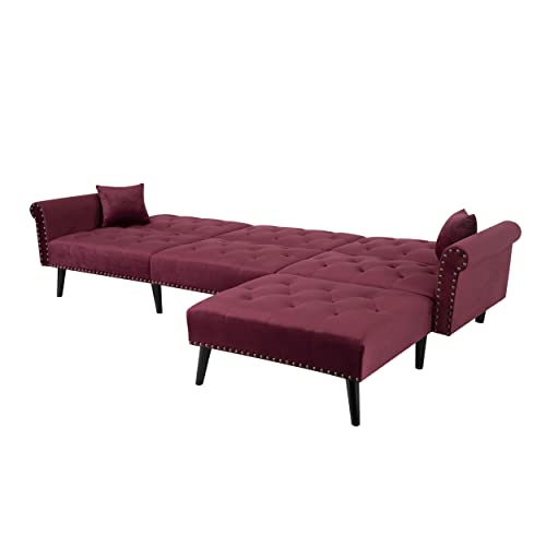 ERYE Button Tufted Sectional 2 Pillows and Reversible Chaise Lounge, L-Shaped Nailhead Decor Corner Sofá Convertible Sleeper Bed for Living Room Furniture Sets, Sofa & Couch, Red