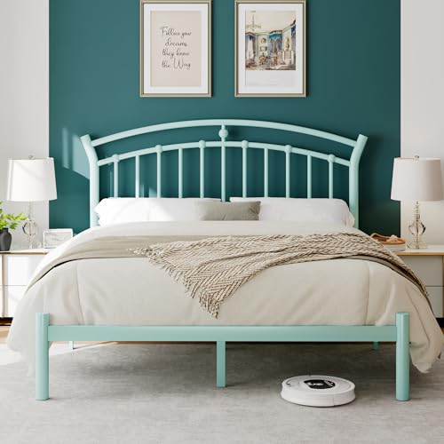 iPormis Full Size Metal Platform Bed Frame with Modern Iron-Art Headboard/Heavy Duty Steel Slats Support/Under Bed Storage/No Box Spring Needed/Easy Assembly/Noise-Free/Mint Green