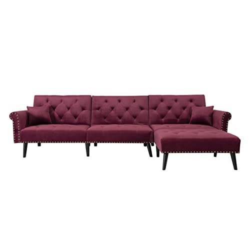 ERYE Button Tufted Sectional 2 Pillows and Reversible Chaise Lounge, L-Shaped Nailhead Decor Corner Sofá Convertible Sleeper Bed for Living Room Furniture Sets, Sofa & Couch, Red
