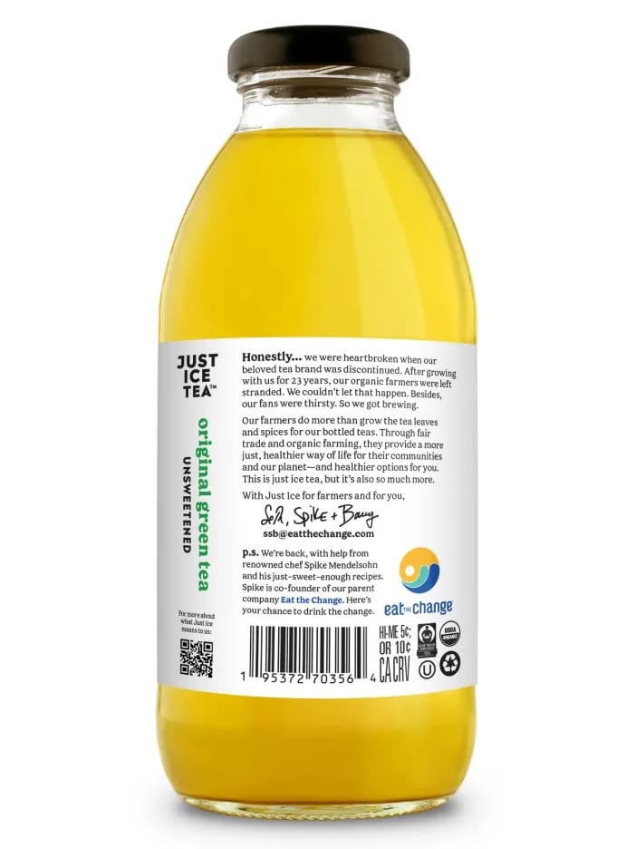 Just Ice Tea Organic Iced Tea, 16 Fl Oz Glass Bottles (Original Green Tea, Pack of 12)
