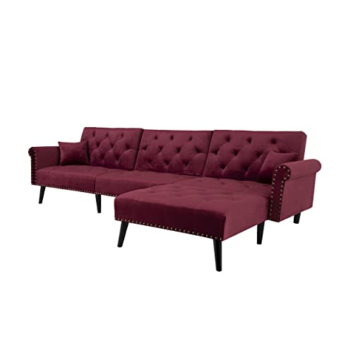 ERYE Button Tufted Sectional 2 Pillows and Reversible Chaise Lounge, L-Shaped Nailhead Decor Corner Sofá Convertible Sleeper Bed for Living Room Furniture Sets, Sofa & Couch, Red