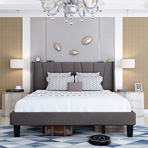Benevika King Size Platform Bed Frame with Geometric Wingback Headboard, Wooden Slats Support, No Box Spring Needed, Easy Assembly, Gray