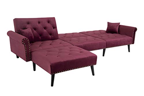 ERYE Button Tufted Sectional 2 Pillows and Reversible Chaise Lounge, L-Shaped Nailhead Decor Corner Sofá Convertible Sleeper Bed for Living Room Furniture Sets, Sofa & Couch, Red