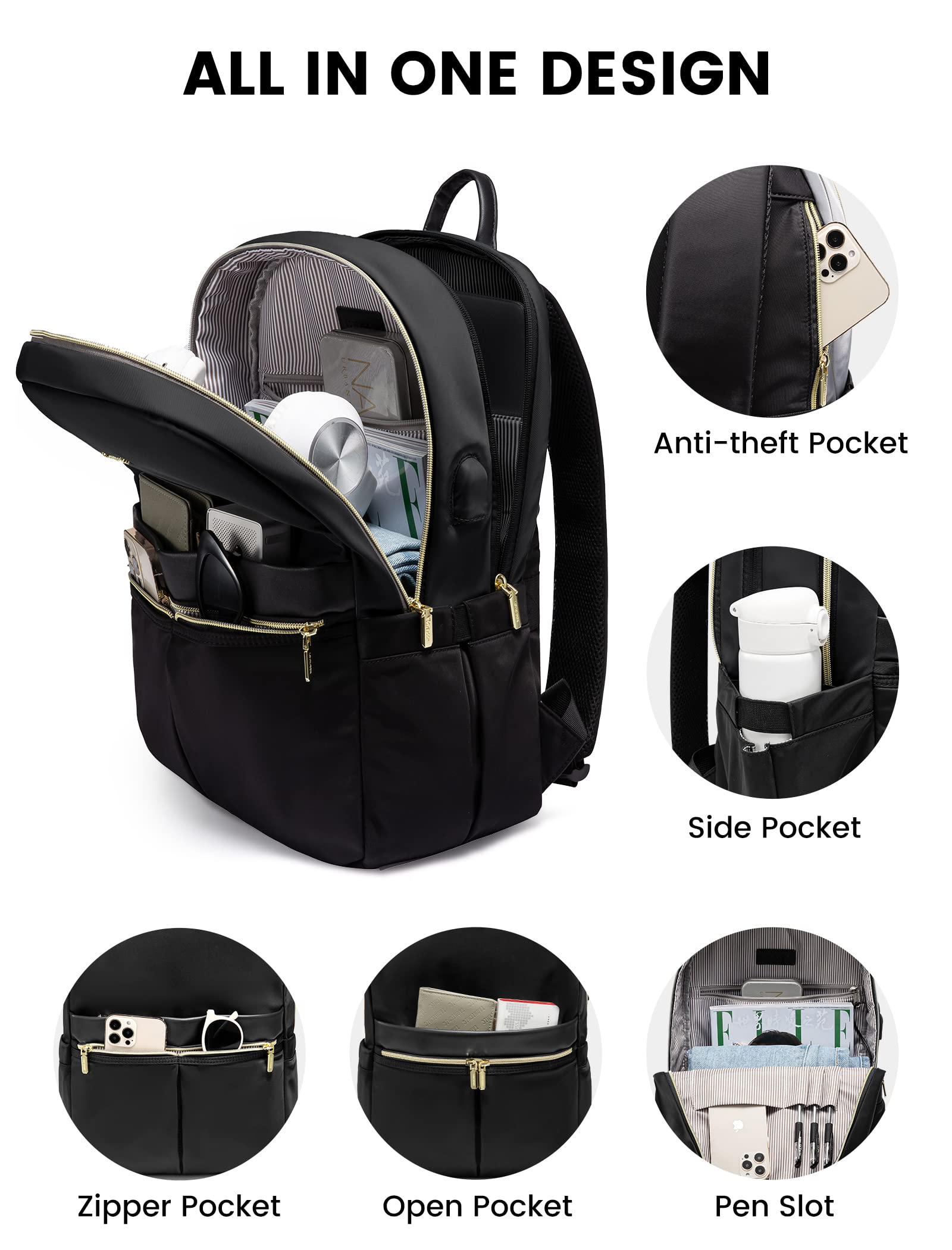 LOVEVOOK Travel Laptop Backpack Women, 15.6 Inch Anti-Theft Water Resistant Computer Back Pack, College Work Teacher Nurse Bag with USB Charging Port, Large Capacity, Black